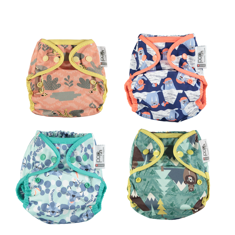 Pack 1 Printed Popper Nappy Wrap (Qty 4) - Cheetah, Walrus, Bear, Snow ...